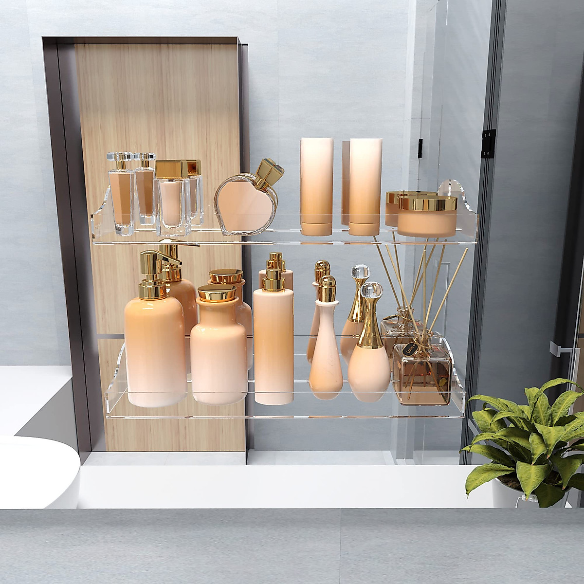 XQIGI Acrylic Shower Shelves, 2 Pack Self Adhesive Bathroom Clear Floating Shelf Wall Mounted Thick Storage and Decor Rv Accessories Display No Drilling Organization Home Apartment Essentials