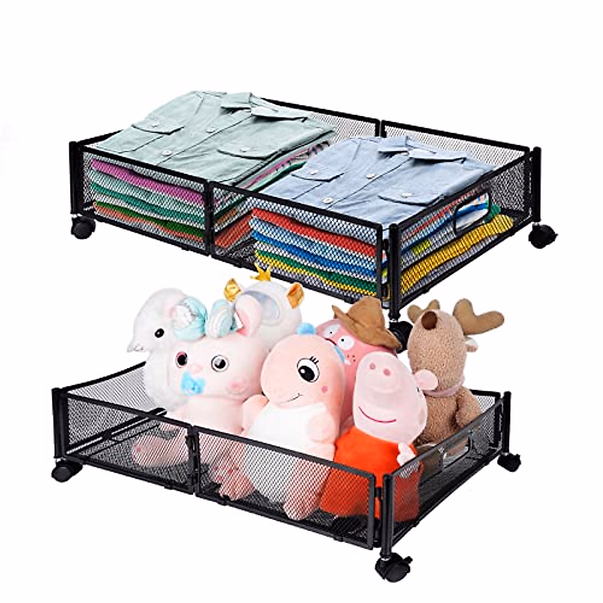 Under Bed Storage with Wheels, 2 Pack Foldable Under Bed Shoe Storage Containers Drawer Underbed Rolling Storage Organizer for Clothes Toys Shoes