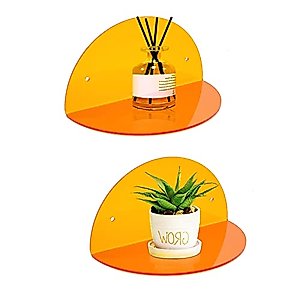 ROYALITA Acrylic Small Floating Shelves (2-Pack, 8-inch Diameter) - Wall Mounted Display Stand for Plants, Toys, Makeup, and More - Ideal for Home and Office, Orange