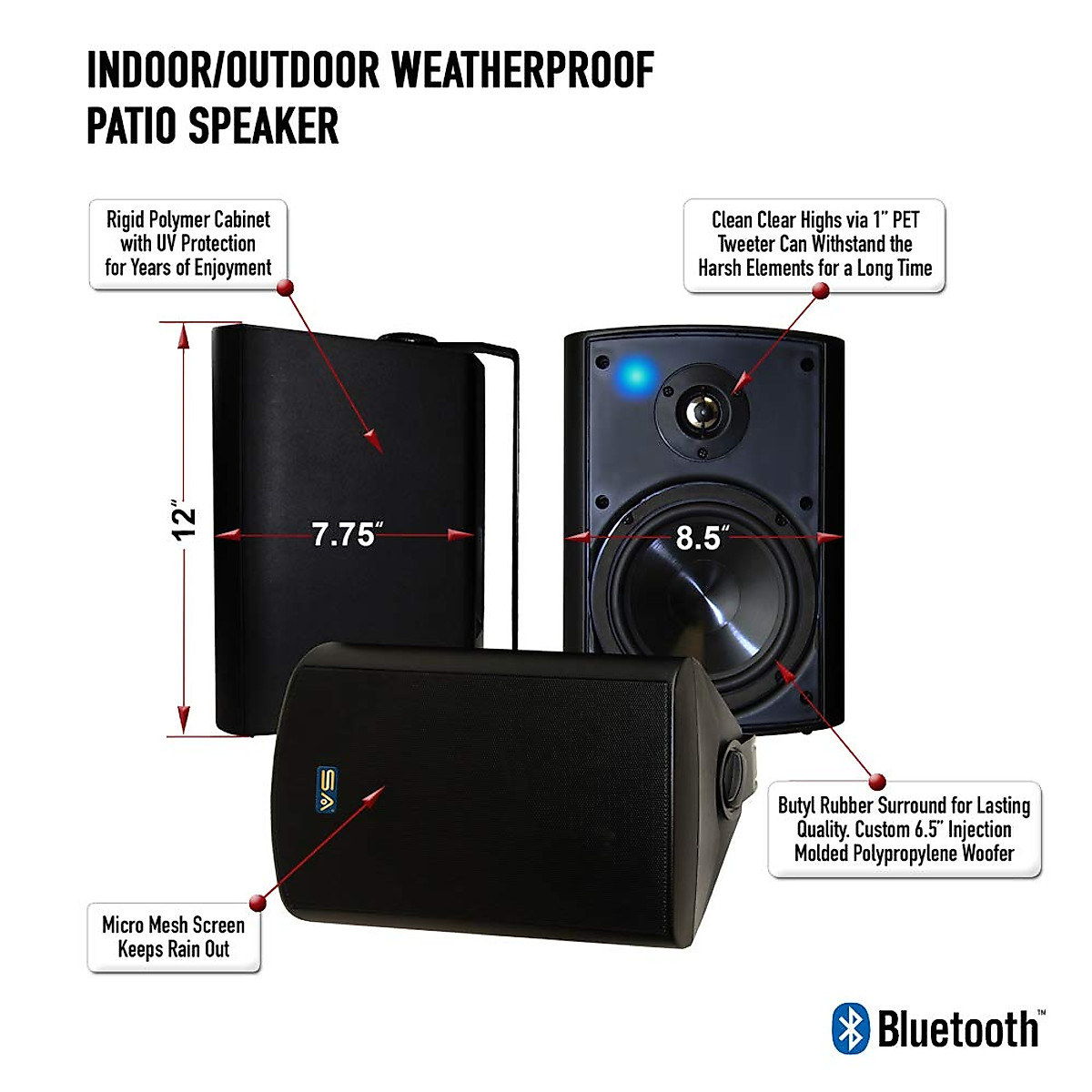 Sound Appeal Wireless Outdoor Speakers, 6.5" Bluetooth Weatherproof Speakers for Deck Patio Backyard, Pair (Black)