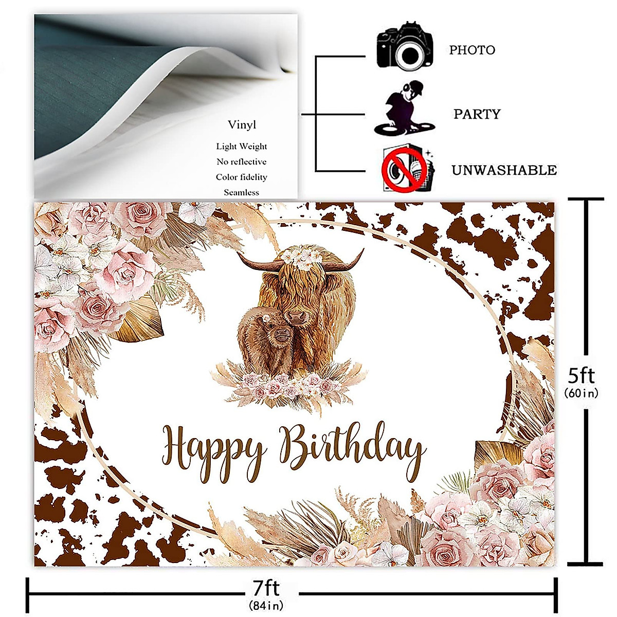 Avezano Highland Cow Birthday Backdrop Brown Highland Cattle Cows Birthday Party Decorations Floral Farm Cow Print Photography Background for Boys and Girls Cake Table Banners Props (7x5ft)
