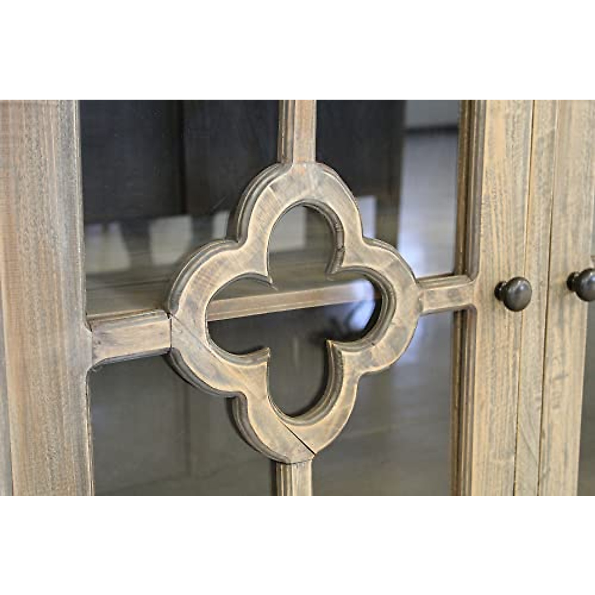 Sunset Trading Cottage Clover Glass Door Credenza Solid Wood Display Cabinet | Fully Assembled Sideboard Buffet Server, 87" Wide, Distressed Driftwood Brown