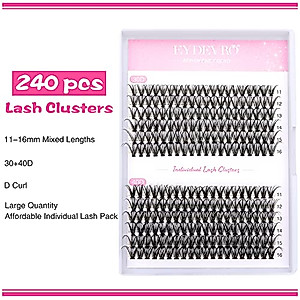Individual Lashes 240 pcs Lash Clusters D Curl 30D 40D 0.07 11-16mm Mixed Length Clusters Lashes DIY Eyelash Extensions Kit at Home by EYDEVRO(30D 40D-0.07D,11-16MIX), 1.0 Count