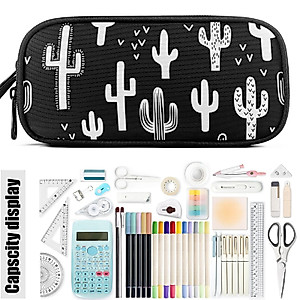 Fustylead Black and White Fun Western Cactus Pencil Pen Case with 3 Compartments, Lightweight & Spacious Stationery Bag Cosmetics Bag