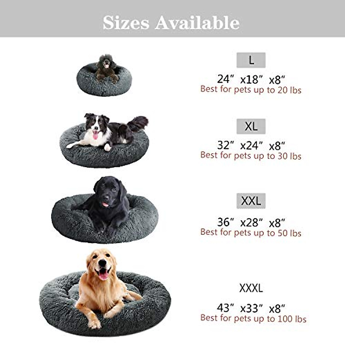 MFOX Calming Dog Bed (L/XL/XXL/XXXL) for Medium and Large Dogs Comfortable Pet Bed Faux Fur Donut Cuddler Up to 25/35/55/100lbs