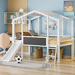 Merax Twin Loft Bed with Slide for Boys & Girls, Wood House Style with Blackboard & Light Strip, White