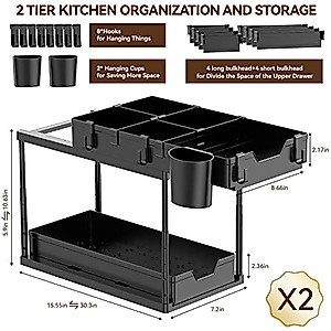 GAOLINE 2 Pack 2 Tier Under Sink Organizers and Storage with 8 Hooks, 4 Long Bulkheads, 4 Short Bulkheads & 2 Hanging Cups, Double Sliding Drawers Cabinet Basket Organizer, Up to 15 inches High, Black
