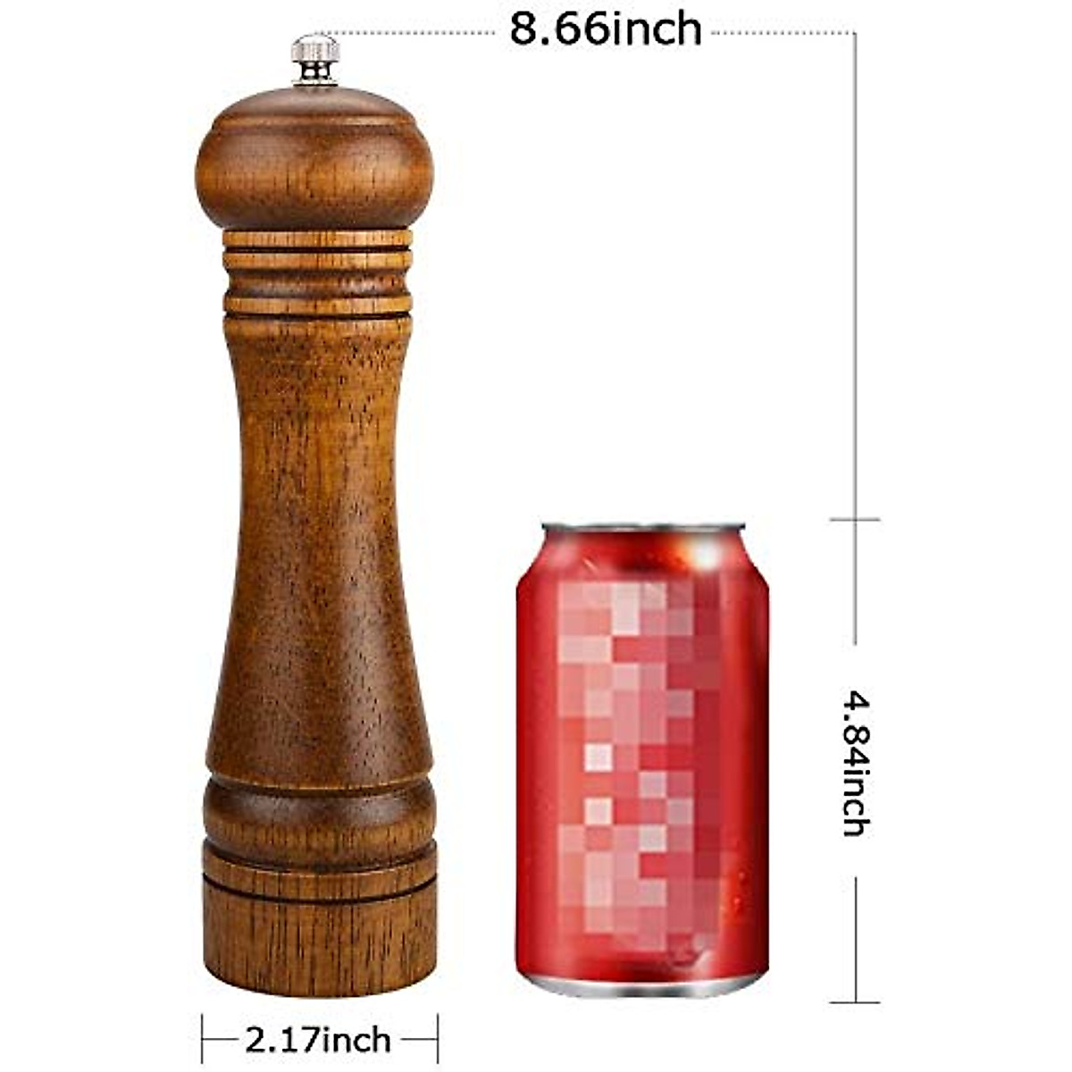 Refillable Wooden Pepper Mill - Big Solid Oaken Wood Gourmet Professional Mills Shaker with Strong Non-corrosive Adjustable Ceramic Grinder Mechanism - Fine to Coarse - 8 in