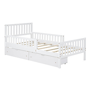 SOFTSEA Cute Twin Platform Bed Frame for Boys Girls with Guardrail and Storage Wood Bed Frame with Drawers for Storage, Wood Slats and No Box Spring Needed, White