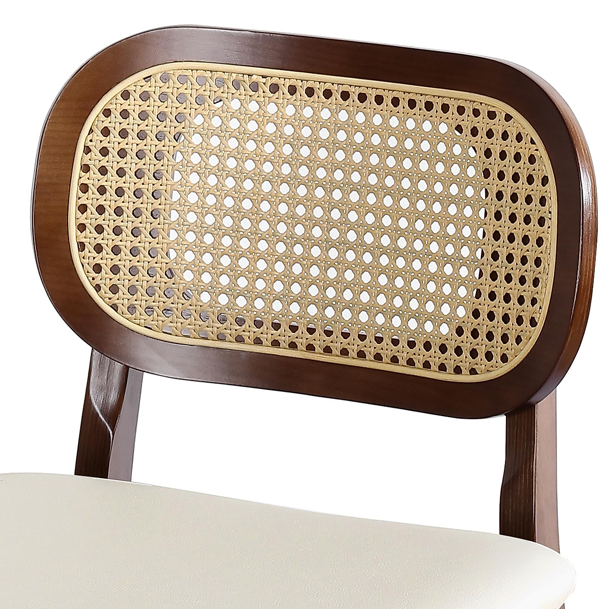 Counter Height Bar Stools Set of 3 Rattan Barstools with Back and Wood Frame, PU Leather Upholstered Bar Chairs, Mid Century Modern Farmhouse Counter Stool for Kitchen Island/Home Bar, Cream White