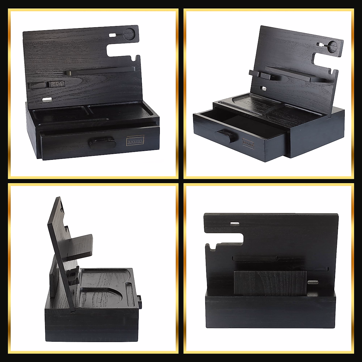 Kayjax Wood Phone Docking Station for Men & Women with Drawer - Mens Organizer Dad Husbands Anniversary Birthday Gifts Organizers Watch, Wallet, Keys, Cellphone