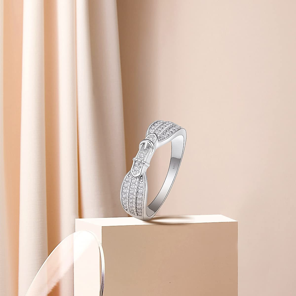 JIARUI Belt Buckle Band Style Promise Statement Ring/Rings for Women Made of S925 Sterling Silver with Pavé Setting Cubic Zirconia Size8