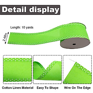 Green Wired Edge Ribbons 2.5" 10 Yards, Spring Solid Wired Edge Decoration Wired Ribbon Fabric Craft Ribbon Burlap Wrapping Ribbon for Holiday Party Wrapping DIY Craft Wedding Decoration Wreaths Bow
