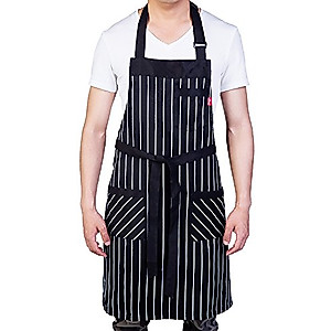ALIPOBO Aprons for Women and Men, Kitchen Chef Apron with 3 Pockets and 40" Long Ties, Adjustable Bib Apron for Cooking, Serving - 32" x 28" - Black/White Pinstripe - 1 Pcs