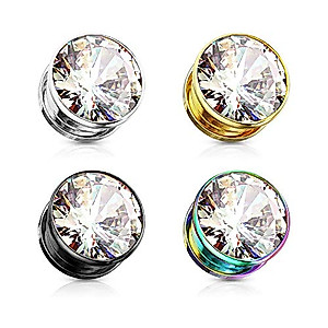 Pierced Owl Stainless Steel Bezel Set Clear Gem Screw Fit Plug Gauges, Sold As Pair (Silver Tone, 16mm (5/8"))