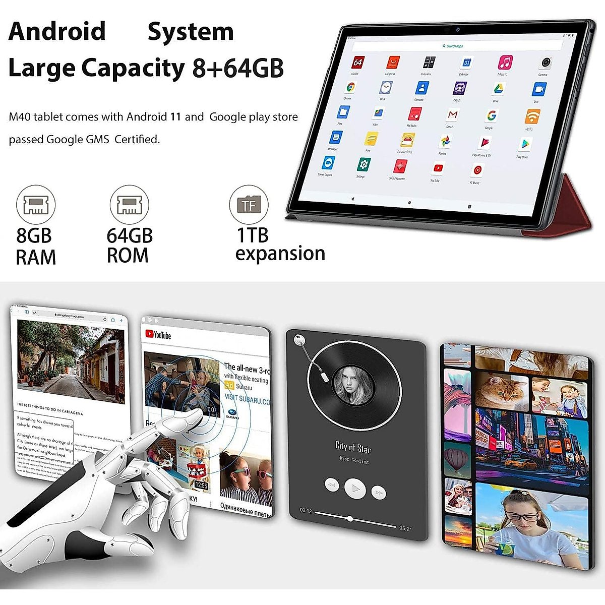 AOYODKG Tablet 2 in 1 with Keyboard, 10.1 inch Android Tablet, 8GB+64GB(1TB Expand), 2.4G+5G WiFi, Octa-Core, IPS HD Display, Dual Camera, Bluetooth, GMS Certified Tablet PC, AYO-M40 (Gray)