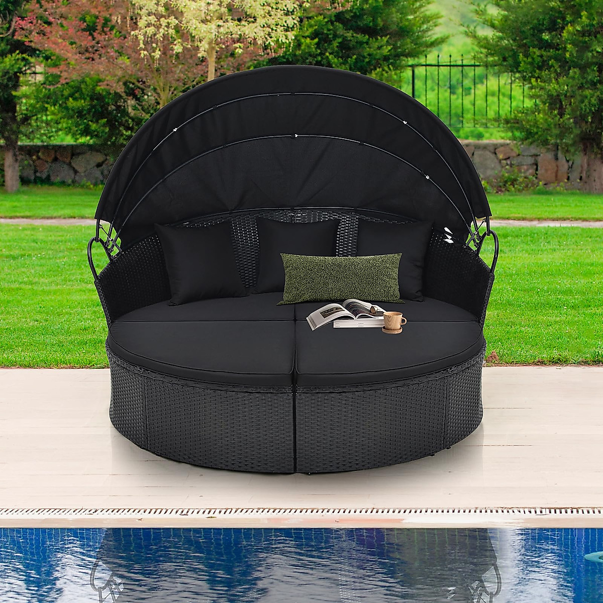 Tangkula Outdoor Patio Round Daybed with Retractable Canopy, Black Rattan Wicker Furniture Sectional Seating with Cushions and Throw Pillows, Seating Separates Cushioned Seats for Backyard (Black)