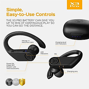 TREBLAB X3 Pro - True Wireless Earbuds with Earhooks - 45H Battery Life, Bluetooth 5.0, IPX7 Waterproof Headphones - TWS Bluetooth Earphones with Charging case for Sport, Running, Workout - Black