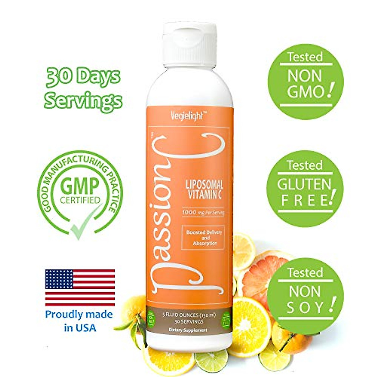 VEGIELIGHT PassionC Liposomal Vitamin C 1000mg - True Encapsulation - High Absorption Low Sodium Liquid Formula - High Dose VIT C Antioxidant - Refreshing Pineapple Flavor