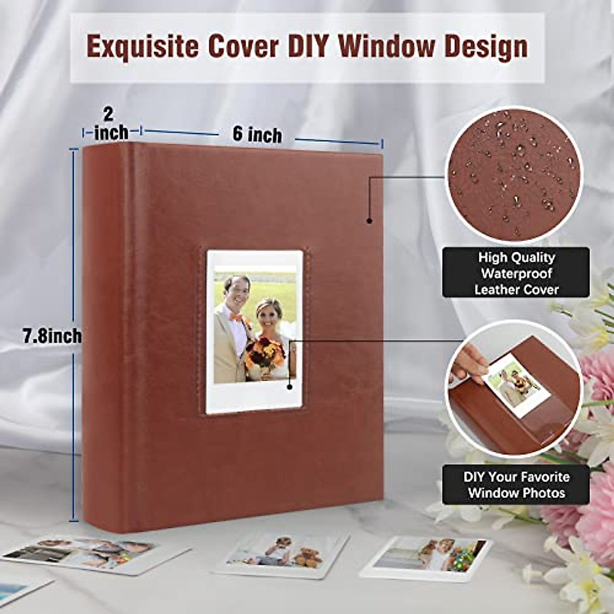 Photo Album for Fujifilm Instax Mini Camera, Polaroid Camera, Instax Photo Album with Memo Areas, 180 Pockets 2x3 Photo Album with Writing Space for Instax Mini 12 11 40 9 7+ Evo Liplay Camera, Brown