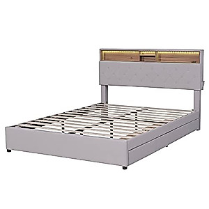 Queen Size Upholstered Platform Bed Frame for Boys Girls Kids Toddler with Storage Headboard, LED, USB Charging and 2 Drawers, Beige