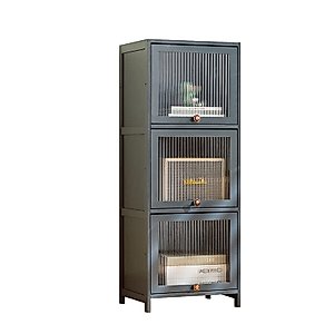 IOTXY Small Narrow Shelf Bookcase - 3-Tier Bamboo Corner Bookshelf with Moru Acrylic Doors, Freestanding Tall Skinny Storage Organizer Rack, for Living Room, Kitchen, Bedroom, Gray, 15.7" W