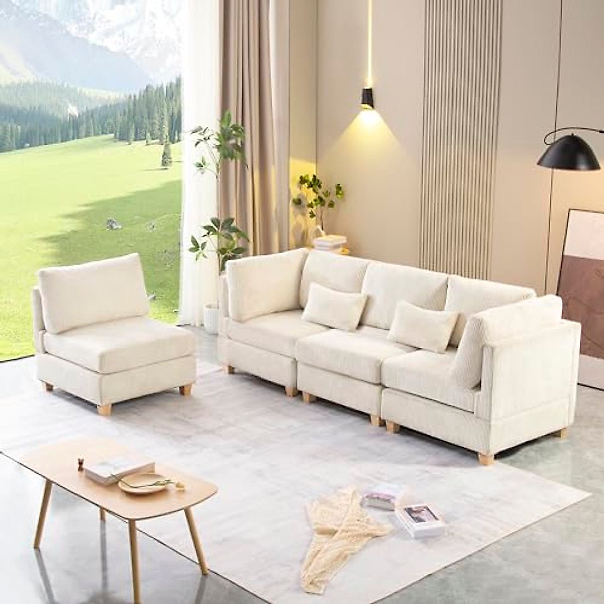 Eafurn Convertible Modular Sectional Sofa Set, Free Combinational Corner Couch, Corduroy Upholstered Deep Seat Comfy Sofa&Couches with Solid Wood Legs for Living Room Apartment, Beige 126.38"