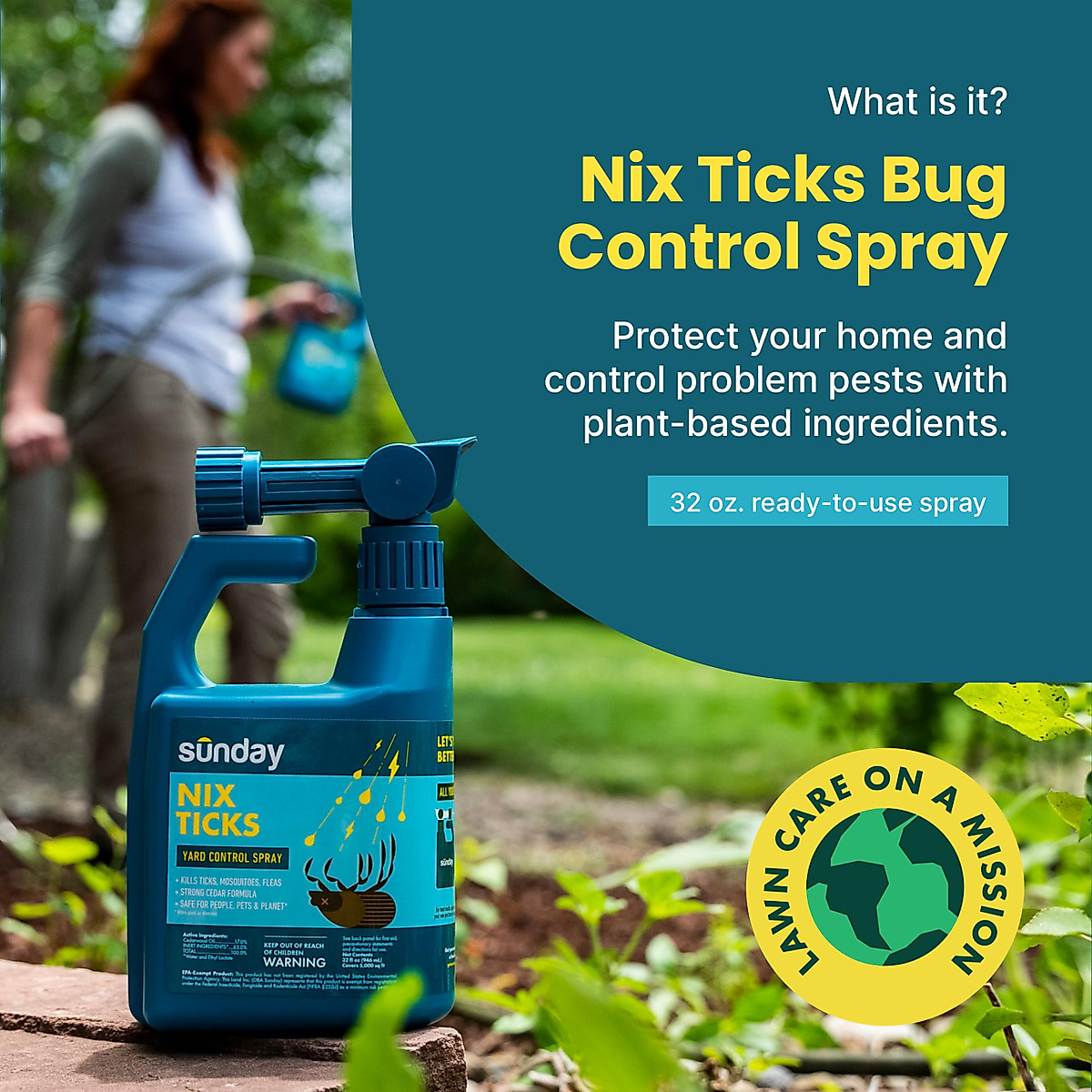 Sunday Nix Ticks - Tick Control Spray - Ready-to-Use Bug Spray - Concentrated Cedar Oil - Helps Kill Ticks, Tick Larvae, Fleas, and Mosquitos - Lasts up to 4 Weeks - 32 Fl Oz