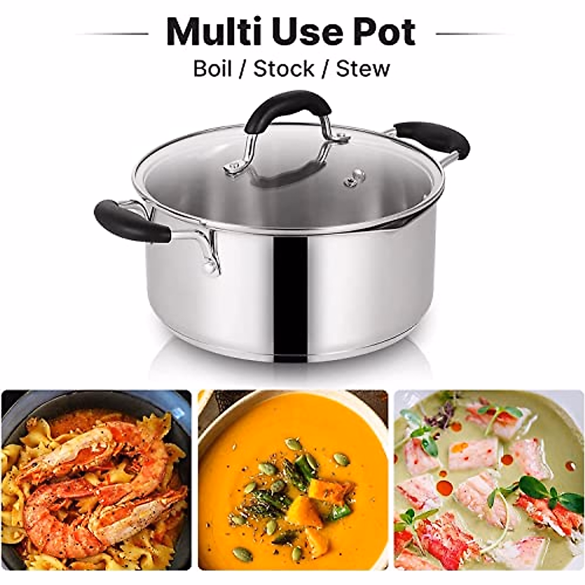 QStar 5.01 qt Stainless Steel Aluminum Nonstick Stock Pot with Glass Lid and Stay Cool Handle