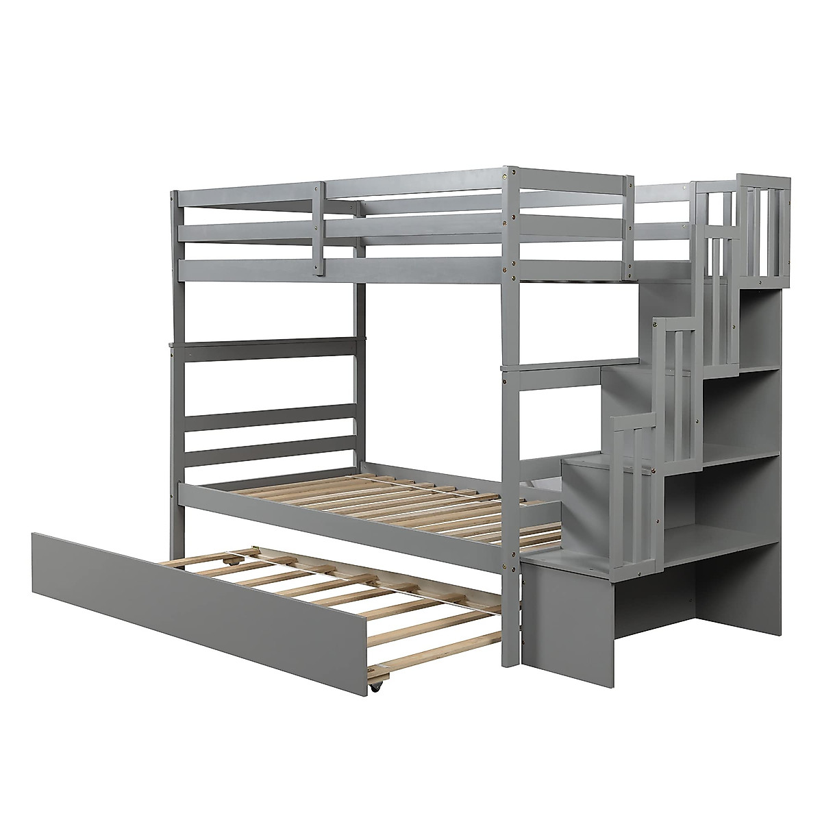 Harper & Bright Designs Stairway Bunk Bed Twin Over Twin with Trundle,Detachable Bunk Beds Twin Over Twin with Stairs,Wood Twin Bunk Beds with Storage Shelves for Kids Teens Girls Boys, Grey