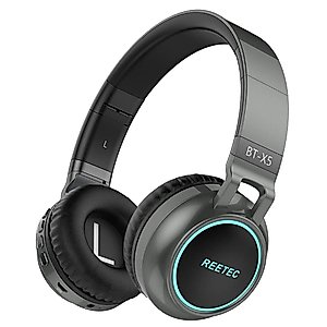 REETEC Bluetooth Headphones Over Ear - [Colorful LED Lights, 20H Playtime] Foldable Hi-Fi Stereo Wireless Headphones with Built-in Mic for iPhone, iPad, Smartphones, Laptop, PC, SD/TF, Grey