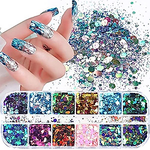12 Grids Chameleon Nail Art Sequins Polygon Holographic Nail Supplies Bright Moving Nail Glitter Pattern Mermaid Nail Glitters Flakes Design 3D DIY Acrylic Nails for Women Manicure Powder Decorations