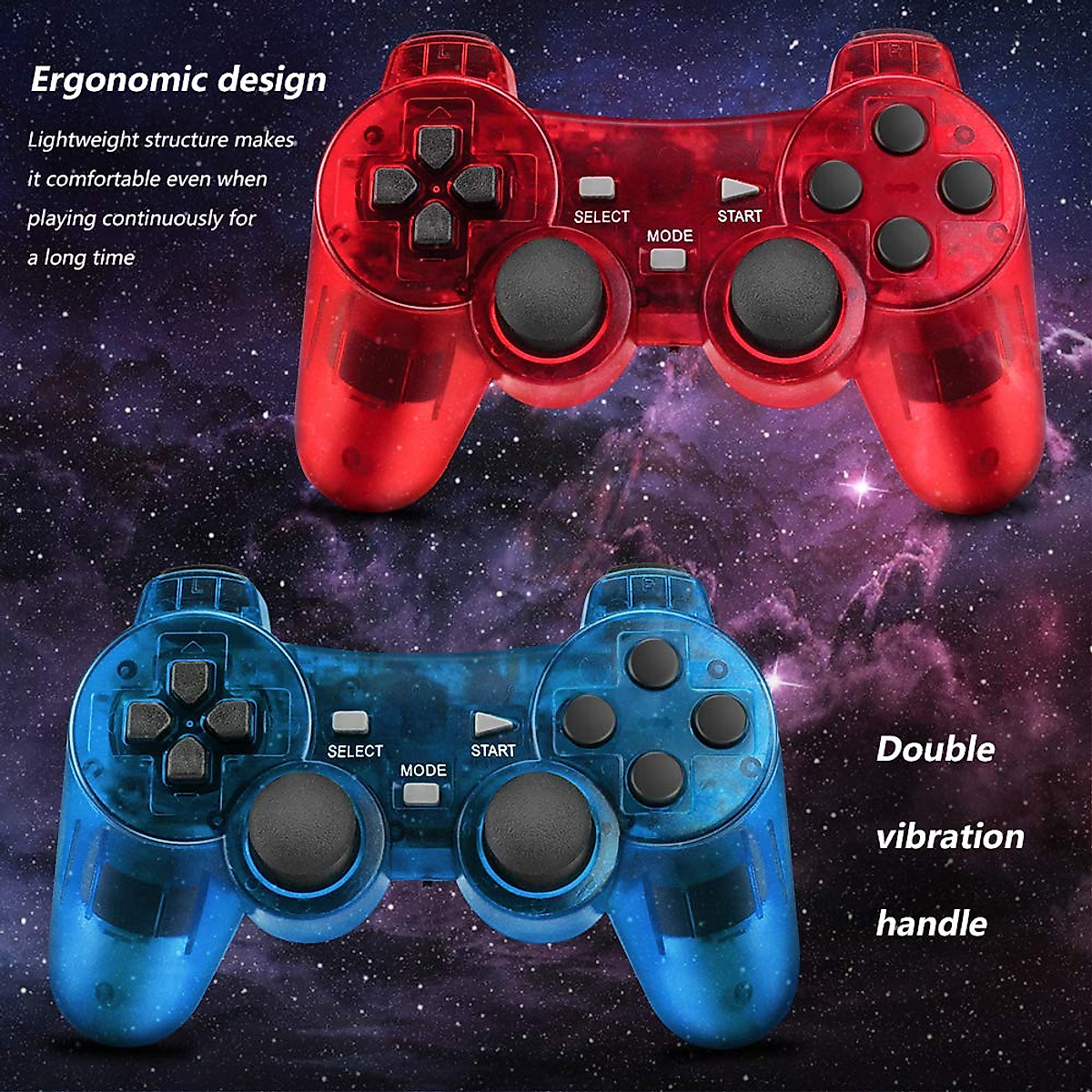 BicycleStore 2 Pack Controller for PS2 Playstation 2.4G Gamepad Joystick Remote with Shock Vibration (ClearBlue and ClearRed)