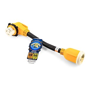 Camco Power Grip 18" Dogbone Extension Cord Adapter with 50-Amp Power Locking Male and 50-Amp 90-Degree Locking Female Ends for Electrical Connection