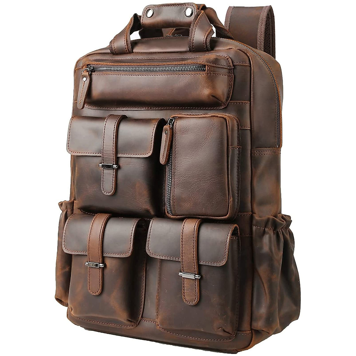 Masa Kawa Genuine Leather Backpack for Men Vintage 15.6 Inch Laptop Bag Multi Pockets Rucksack Casual Travel Daypack Brown