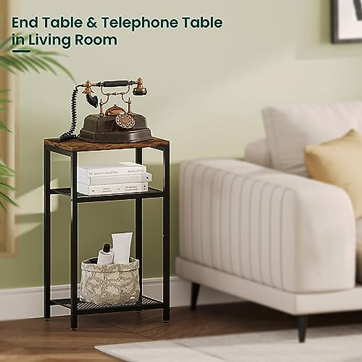 Yifeel Side Table Set of 2, 3 Tier End Table with Storage, Tall Telephone Table, Night Stand for Small Spaces, Sturdy Metal Frame, Living Room, Bedroom, Rustic Brown and Black JET001NSR2