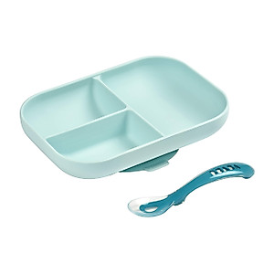BEABA Silicone Suction Plates for Baby, Made with High Grade Food Safe Silicone, Soft Durable Toddler Dishes, Baby Plates with Suction Bottom, Rain