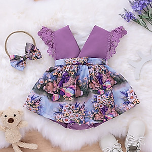 Newborn Infant Baby Girl Easter Outfit Toddler Lace Sleeveless V Neck Romper Bunny Print Dress+Headband Summer Clothes (Purple, 3-6 Months)