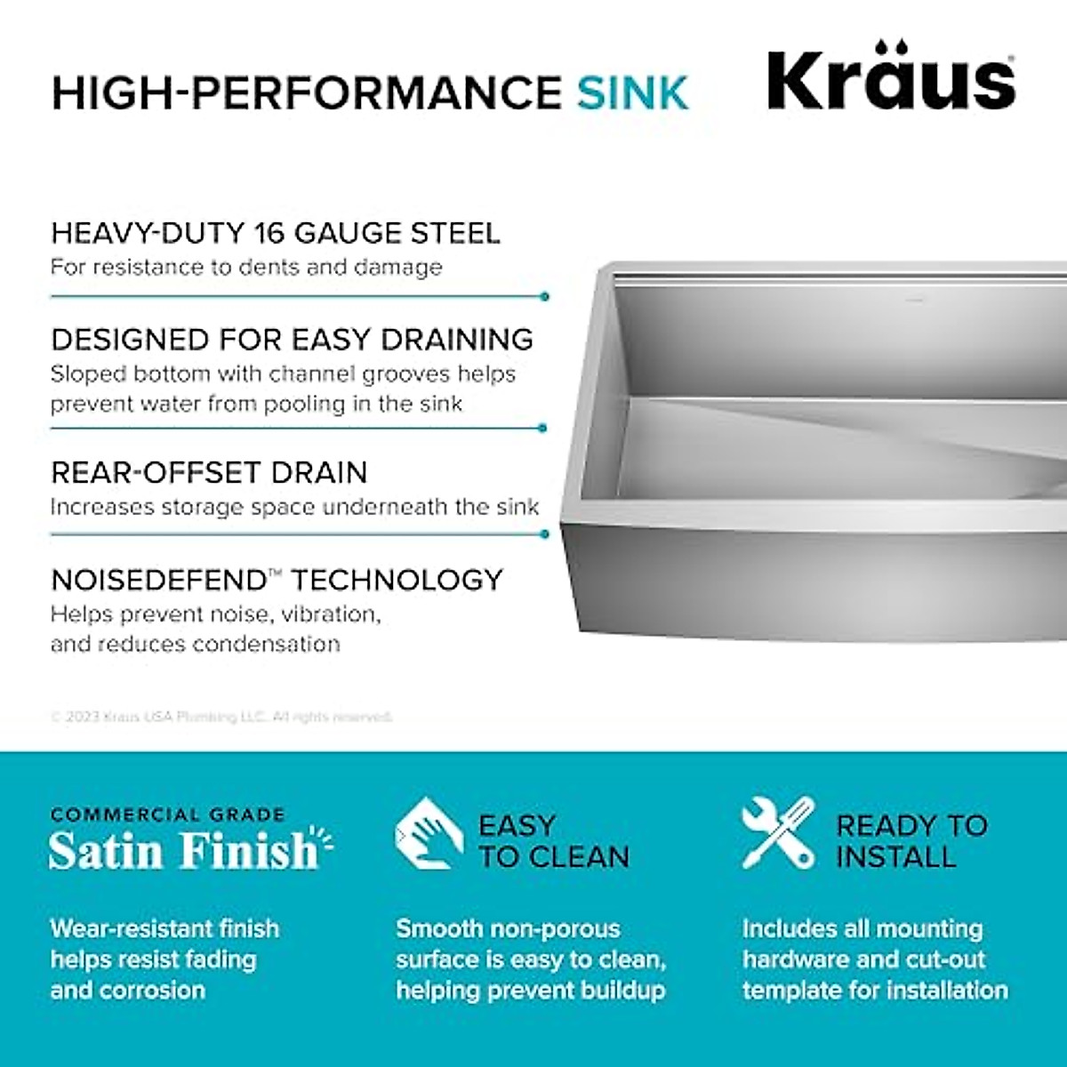 KRAUS Kore Workstation 36-inch Farmhouse Flat Apron Front 16 Gauge Single Bowl Stainless Steel Kitchen Sink with Integrated Ledge and Accessories (Pack of 5), KWF410-36