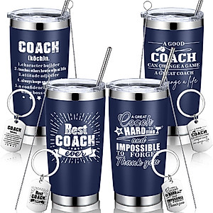 FoldTier 4 Sets Coach Gifts Best Coach Ever Stainless Steel Tumbler Coffee Mug with Keychain 20 oz Coaches Appreciation Gift Travel Tumbler for Soccer Volleyball Coach (Navy Blue,Artistic Pattern)