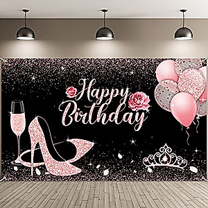 Happy Birthday Backdrop Fabric Glitter Rose Pink Birthday Background Banner Balloons Heels Wine Glass Photography Backdrop Birthday Party Decorations for Women Girls Birthday Supplies, 6 x 3.6 Feet