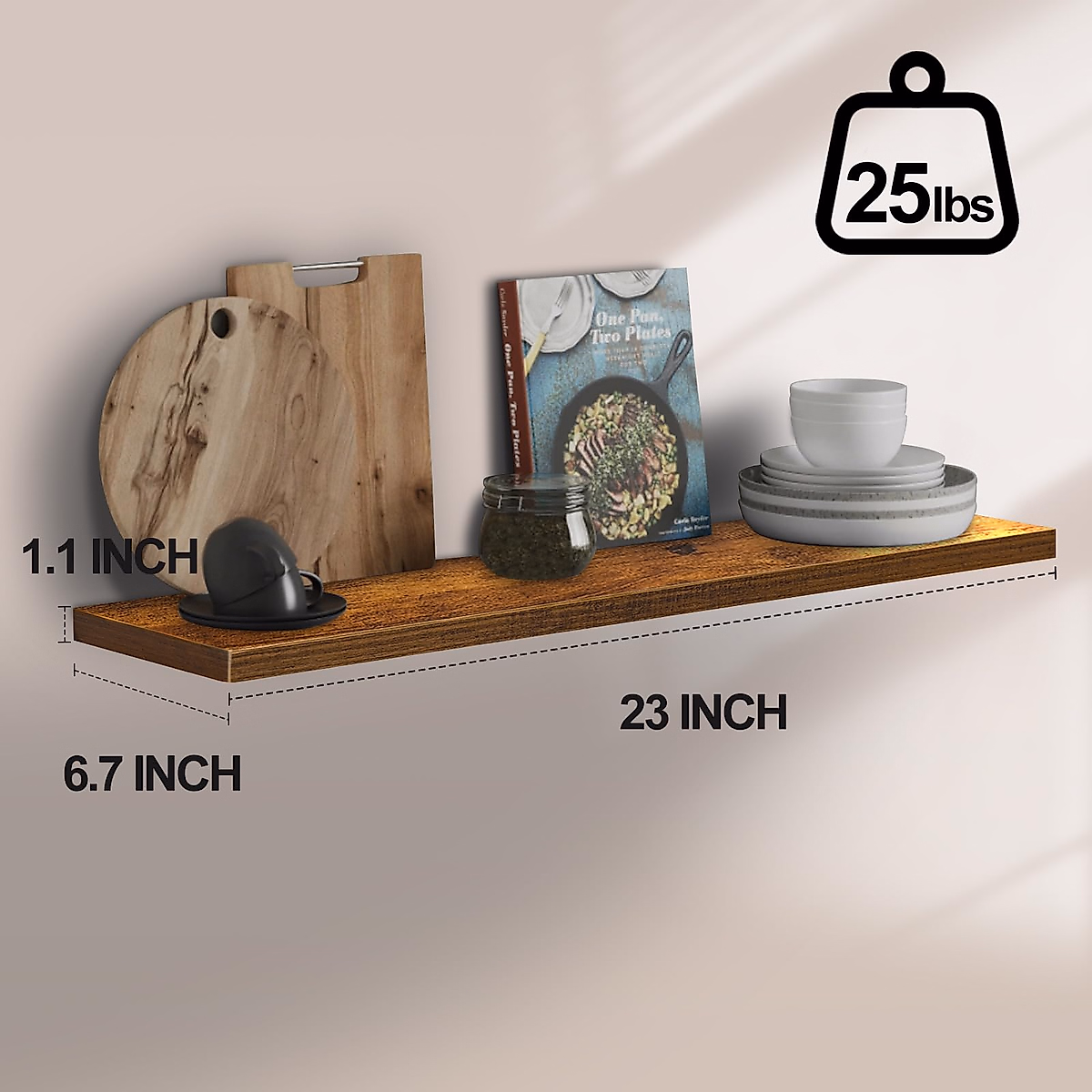 Floating Shelves 23 Inch Set of 2, Wall Mounted Rustic Wood Shelf for Wall Decor, Wall Shelves for Bathroom Storage, Bedroom Living Room Kitchen, Hanging Shelf Set, Brown