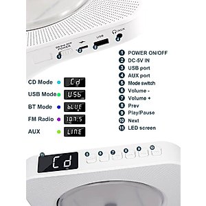 Portable CD Player - Homlab Bluetooth Desktop CD Player with Speakers, Dust Cover, FM Radio, Anti-Skip Protection, Music Player Home Audio Boombox with LCD Display, Remote, Aux Input