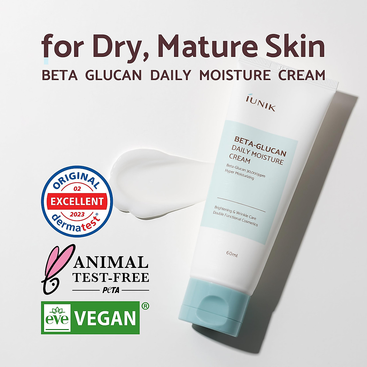 IUNIK Beta-Glucan Vegan Lightweight Non-Sticky Deep Moisture Watery Cream Lotion Daily Moisturizer Quick Absorption Dry Mature Sensitive Fine lines Skin Naturally-Derived Centella Vitamin Korean