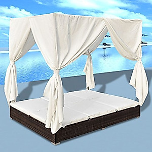 Daonanba Stable Durable Sun Lounger with Curtains Comfortable Sunbed Outdoor Sofabed Garden Furniture Poly Rattan Brown
