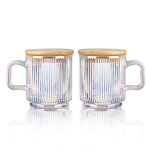 Joeyan Iridescent Glass Coffee Mugs Set of 2-11.5 oz Striped Coffee cups with Lid - Large Drinking Glasses with Handle for Latte, Coffee, Tea, Milk, Juice