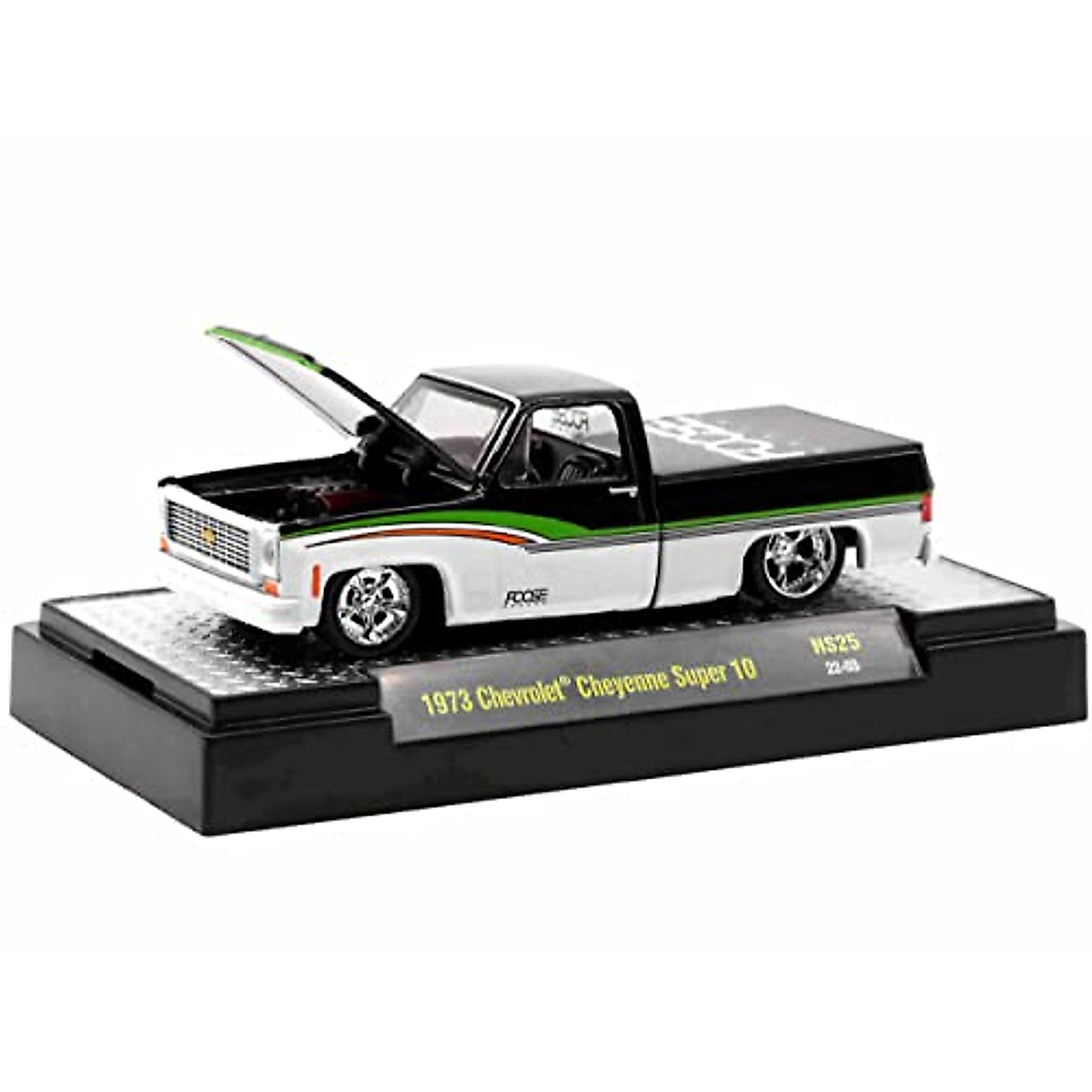 1973 Chevy Cheyenne Super 10 Pickup Truck Black & White w/Stripes Foose Ltd Ed to 22000 pcs Worldwide 1/64 Diecast Model Car by M2 Machines 31500-HS25
