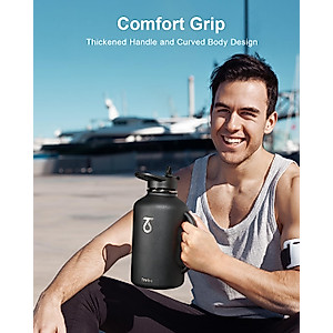 Trebo Half Gallon Water Bottle 64oz with Handle,Double Wall Vacuum Insulated Large Water Jug,Stainless Steel Water Bottle Flask,Wide Mouth Water Bottles with Straw Spout Lids Strap,Black