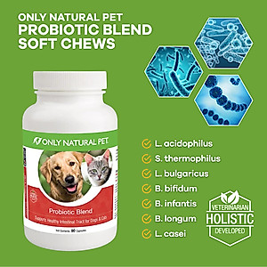 Only Natural Pet Probiotic Dog and Cat Supplement - Digestive & Intestinal Tract Health Enzyme Formula, Puppy & Canine Digestive Support, Best for Stomach Relief & Gas Aid - 90 Capsules.