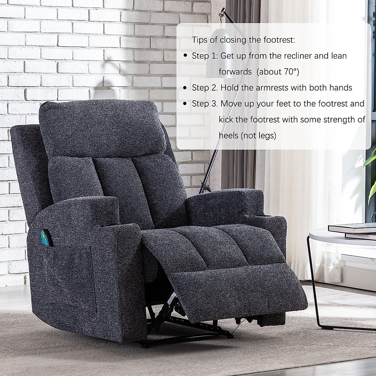 ANJ HOME Manual Massage Recliner Chairs with Heat for Living Room, Overstuffed Breathable Fabric Reclining Chair with Side Pockets and Cup Holders, Single Sofa Home Theater Seating, Dark Grey
